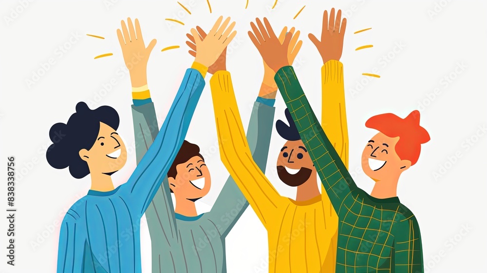 Team high-fiving after success, flat design side view theme teamwork ...