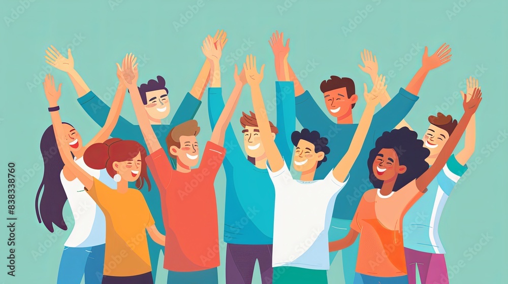 Team high-fiving after success, flat design side view theme teamwork ...