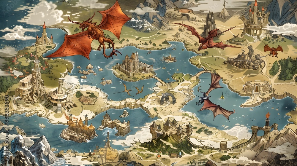 Fantastical Map of Mythical Realms with Legendary Creatures and ...