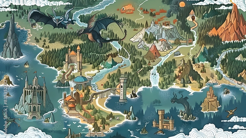 Enchanting Illustrated Map of a Fantastical Realm with Mythical Creatures and Ancient Ruins ...