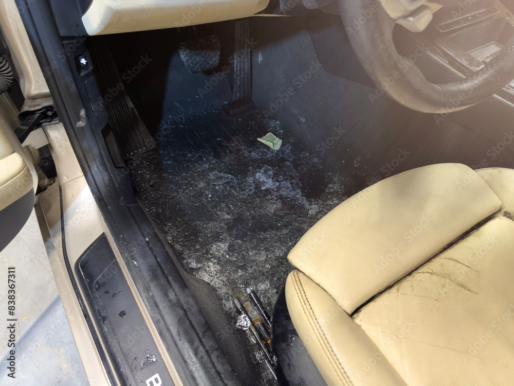 Car interior after flooding. Traces of mold in the car interior after ...