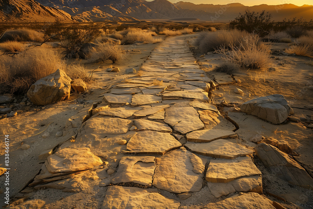 A deserted and weathered stone pathway stretches towards a mountain ...