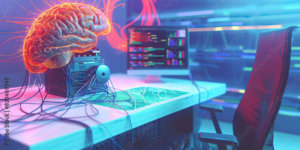 The Neural Network Navigator: A brain-computer interface, connected to a swirling mass of ...