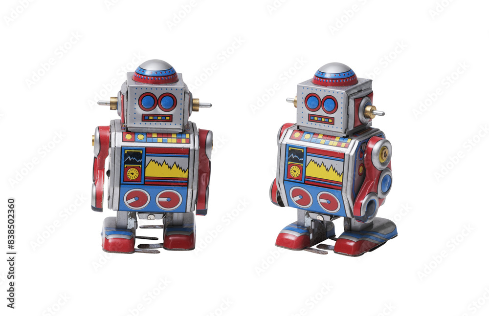 Funny cute tin toy robots on white background Stock Photo | Adobe Stock