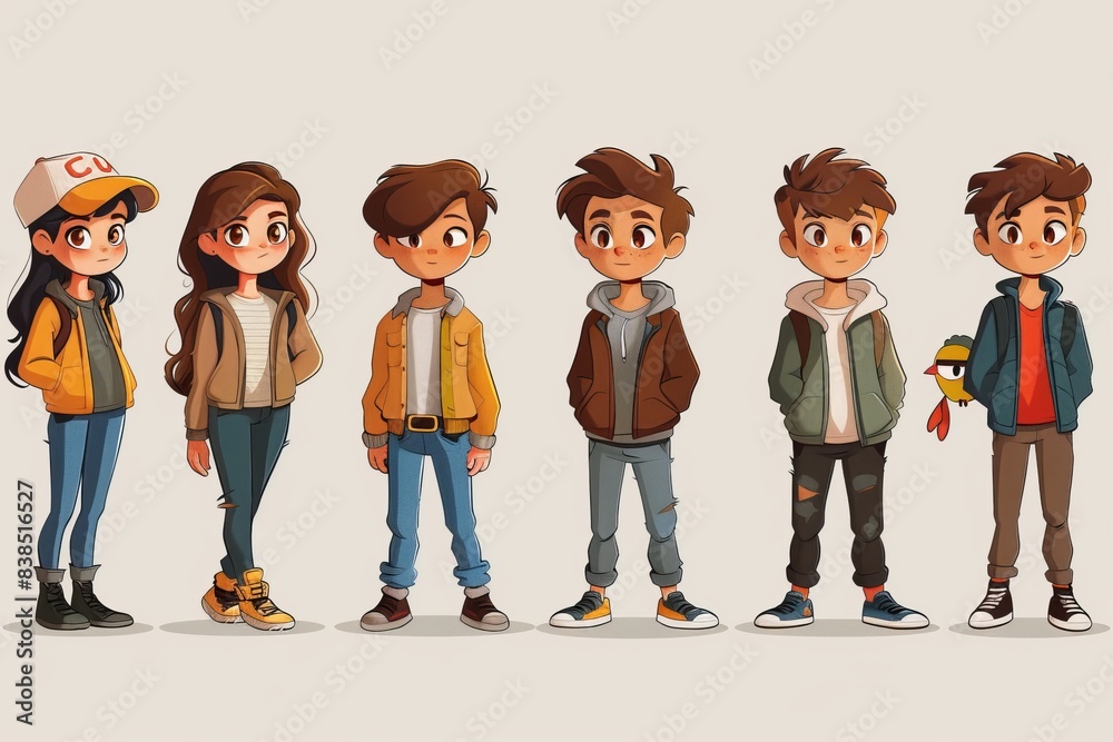 Six cartoon children are lined up showing diversity in appearance and ...