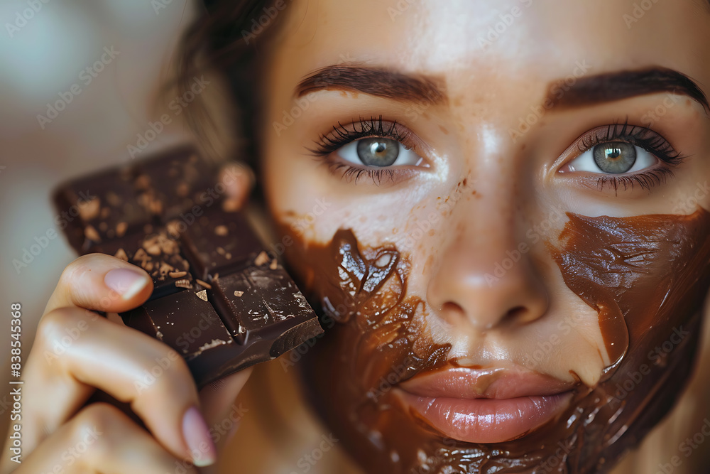 chocolate face mask, woman takes care of her beauty and appearance, the ...