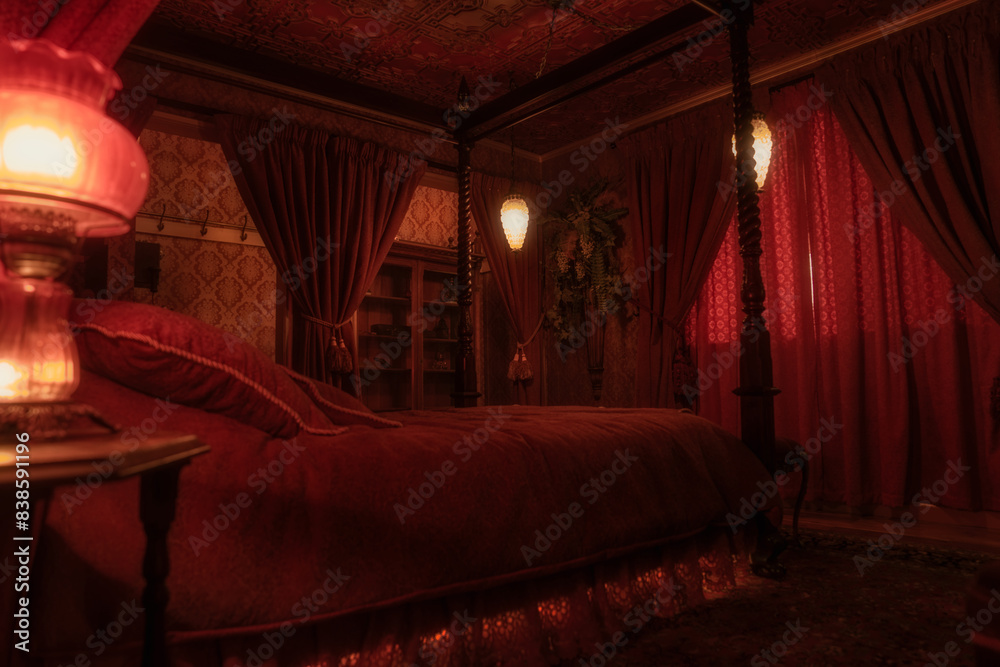 This image shows the interior design of a red victorian, bordello ...