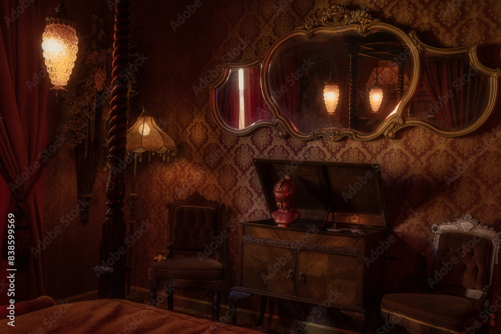 This image shows the interior design of a red victorian, bordello ...