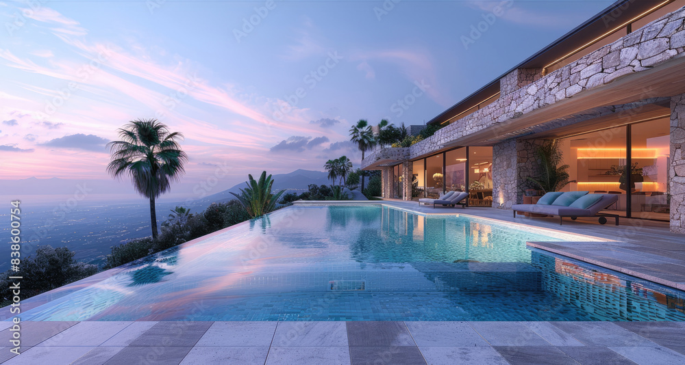 An extra large pool in a Greek architecture luxury stone villa with ...