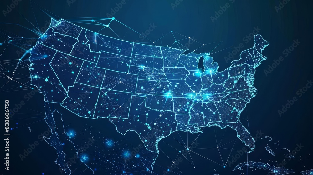 abstract digital map of the united states visualizing network ...