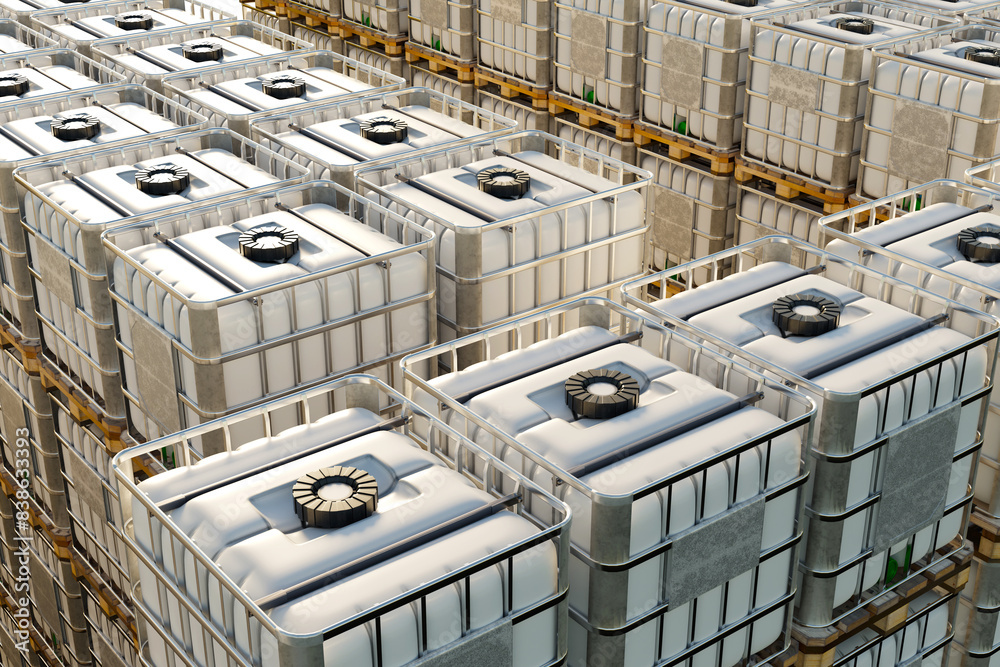 Liquid storage tanks. Plastic barrels are stored on pallets. Reservoirs ...