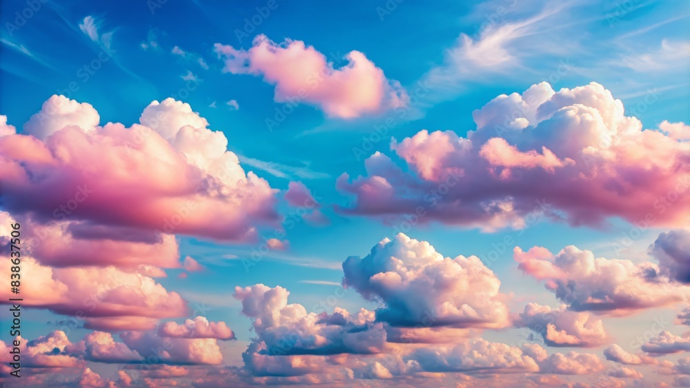 Soft pink clouds drift lazily across a serene blue sky, creating a ...