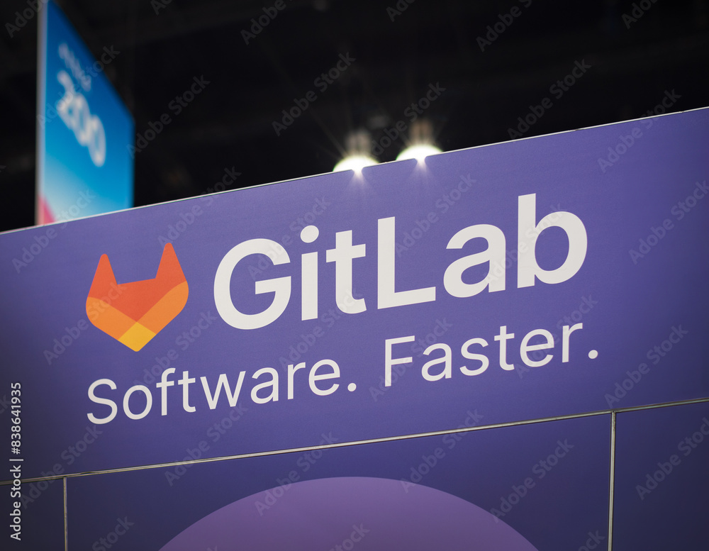 LOS ANGELES, CA- May 22, 2024: GitLab logo on GitLab's booth at AWS Summit in Los Angeles ...