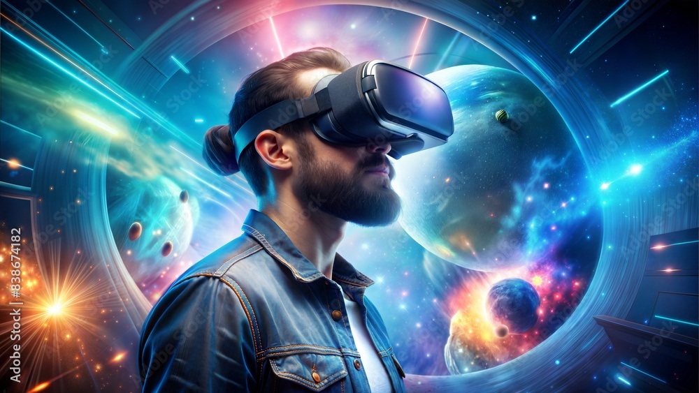 In the game centre, wearing virtual reality goggles, a man in full-face ...