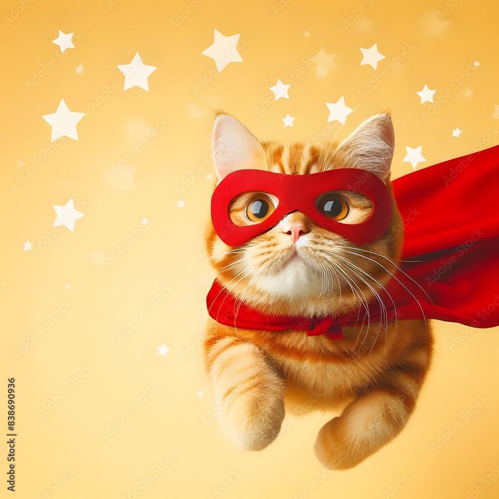 hero cat, Cute orange tabby kitty with a red cloak and mask jumping and ...