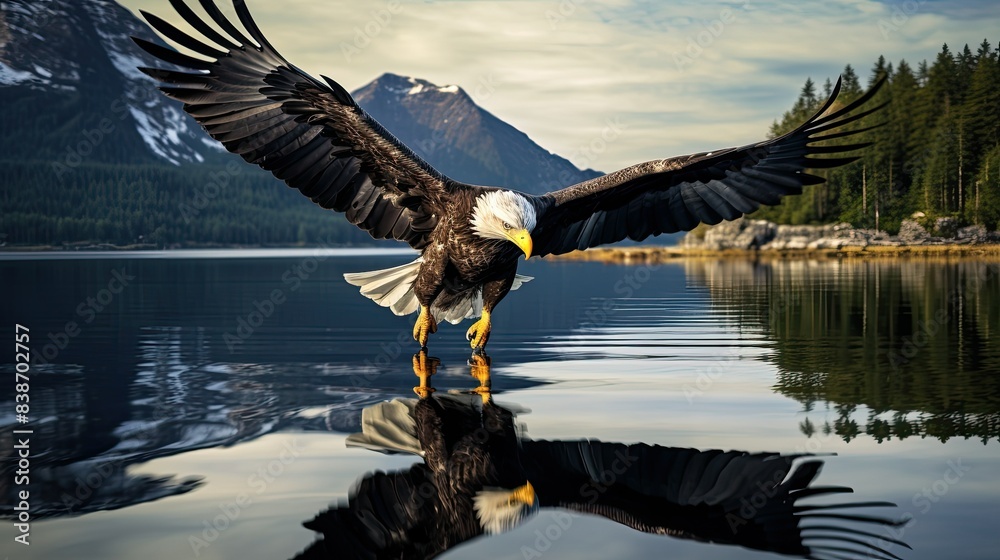 Photograph of a majestic Steller's sea eagle soaring gracefully above a pristine mountain lake ...