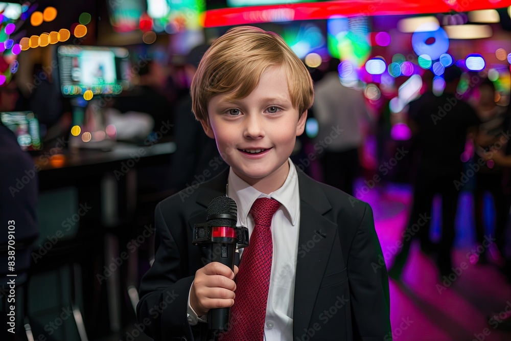 Kid dressed as a news reporter with a microphone and camera in a ...