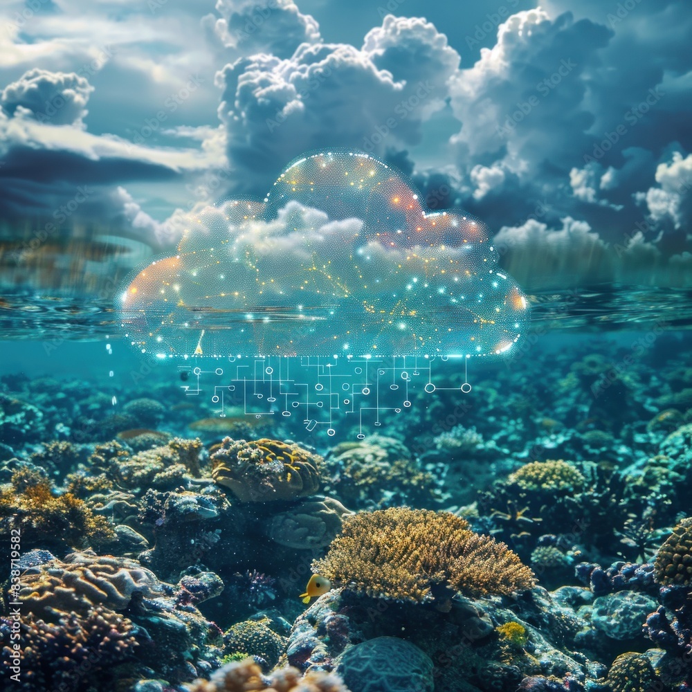 An underwater scene with coral reefs, featuring a digital clouds ...