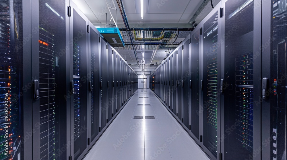 Global communications equipment in a server room, Network ...