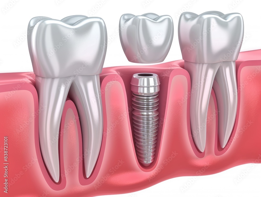 Dental implant illustration showing a metal implant between natural ...