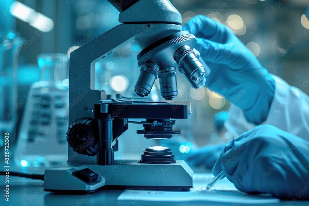 Scientist using microscope in laboratory. Gloved hands adjusting ...