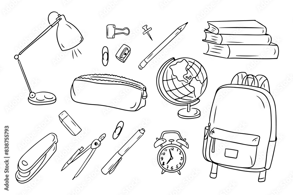 School stationary outline doodle set with all related items. Monochrome ...
