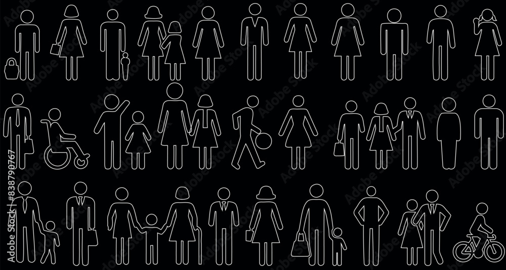 Pictogram people line art vector illustration, diverse activities ...