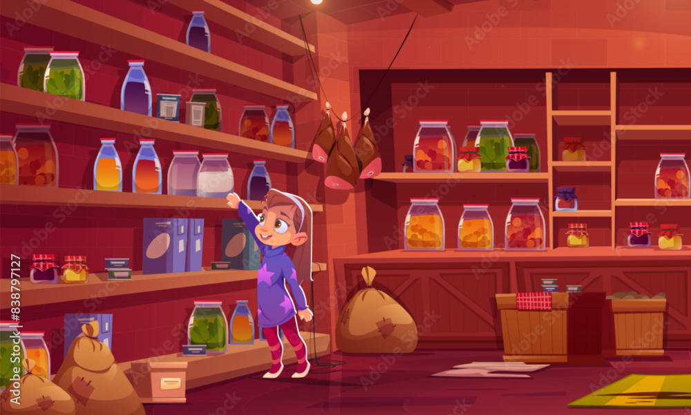 Little girl in basement storage room reach out to pick up glass jar of ...