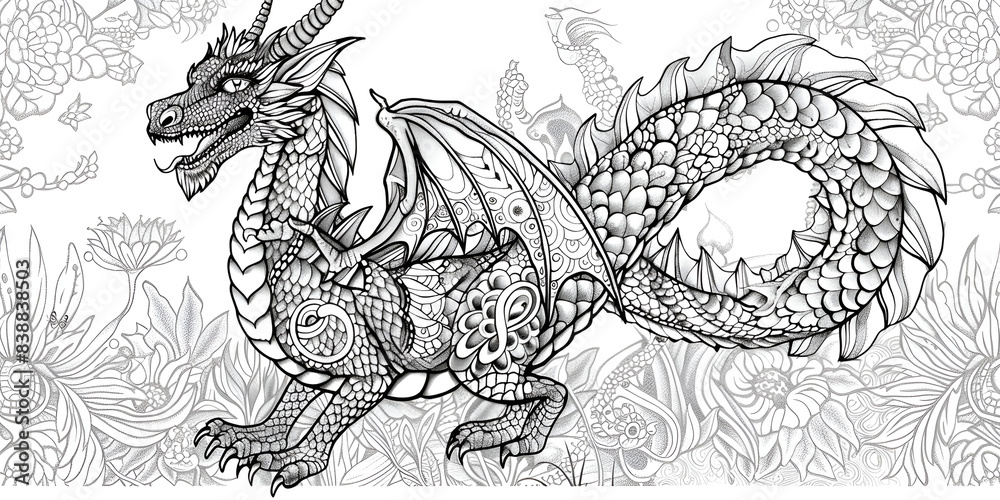 The Dragon vector hand drawing coloring page black and white on ...