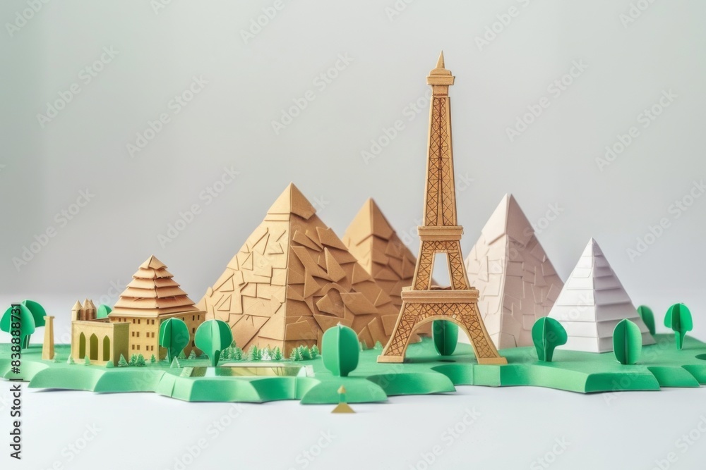 Papercraft art depicting a world landmarks display with the Eiffel ...