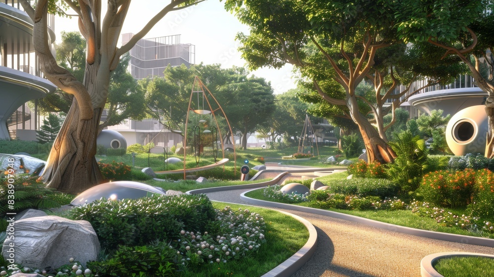Futuristic eco-friendly city park with modern architecture, lush ...