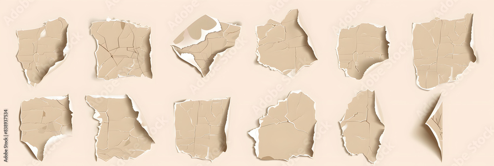 Torn paper pieces set. Light beige shapes with jagged uneven edges ...