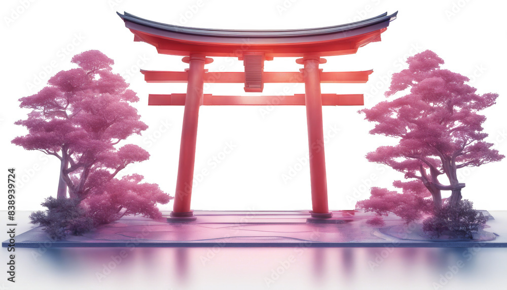 Japanese Torii gate illuminated at sunset, framed by pink cherry ...