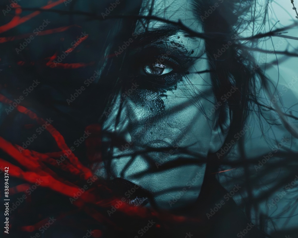 Mysterious portrait of a woman surrounded by dark red branches ...