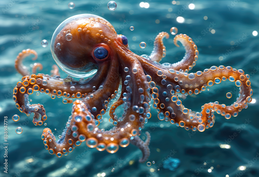 A colorful octopus swimming underwater. The octopus is surrounded by ...