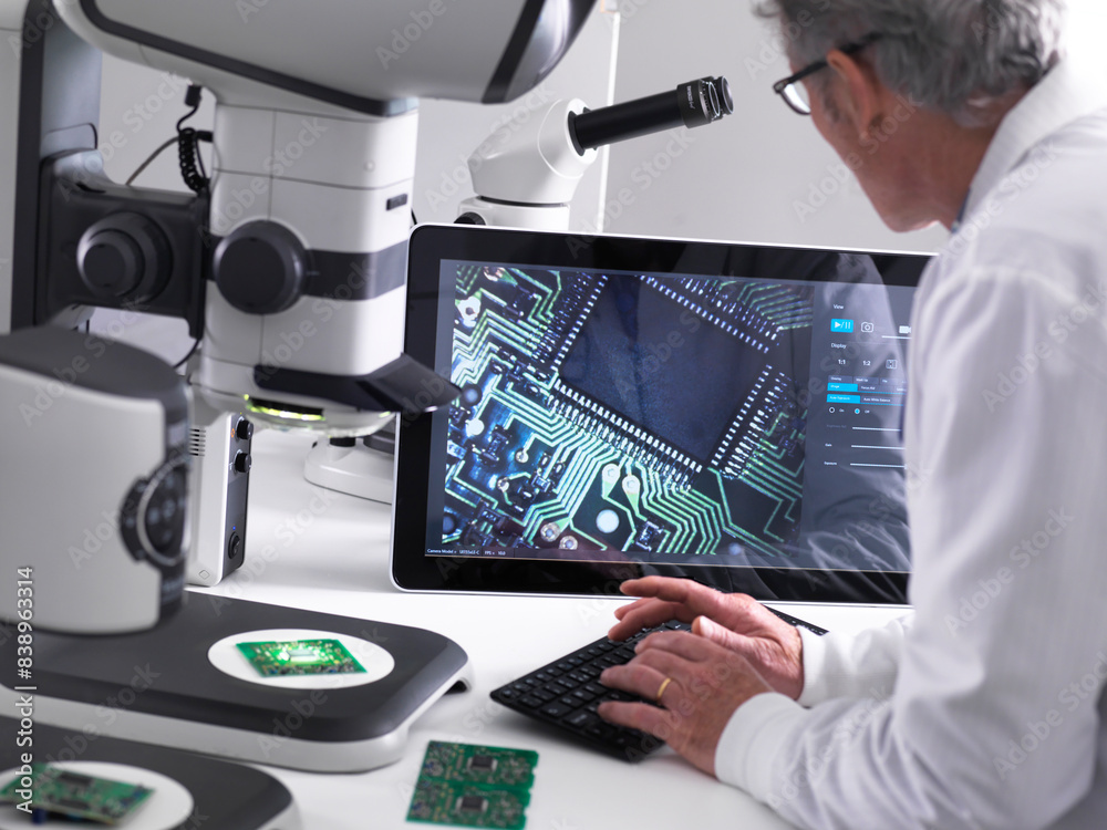 Engineer using a 3d stereo microscope for quality control in the ...