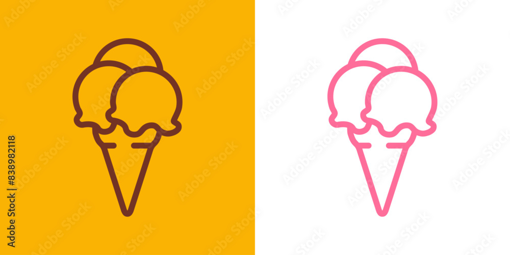 Logo ice cream. Silueta con líneas de cono de waffle con 3 bolas de ...