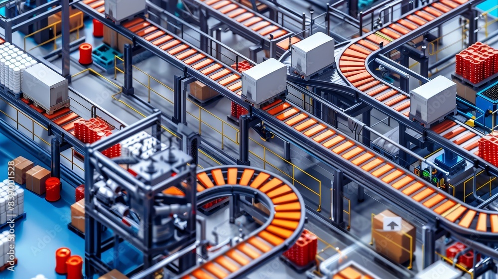 Conveyor belts transporting goods through different stages of ...