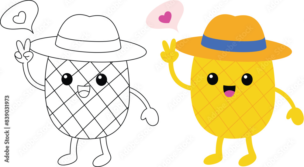 Cute kawaii funny pineapple cartoon character coloring page for kids ...