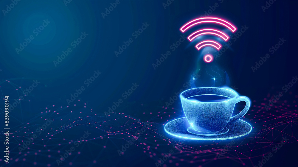 Abstract blue background with a coffee cup and smoke, digital signal ...