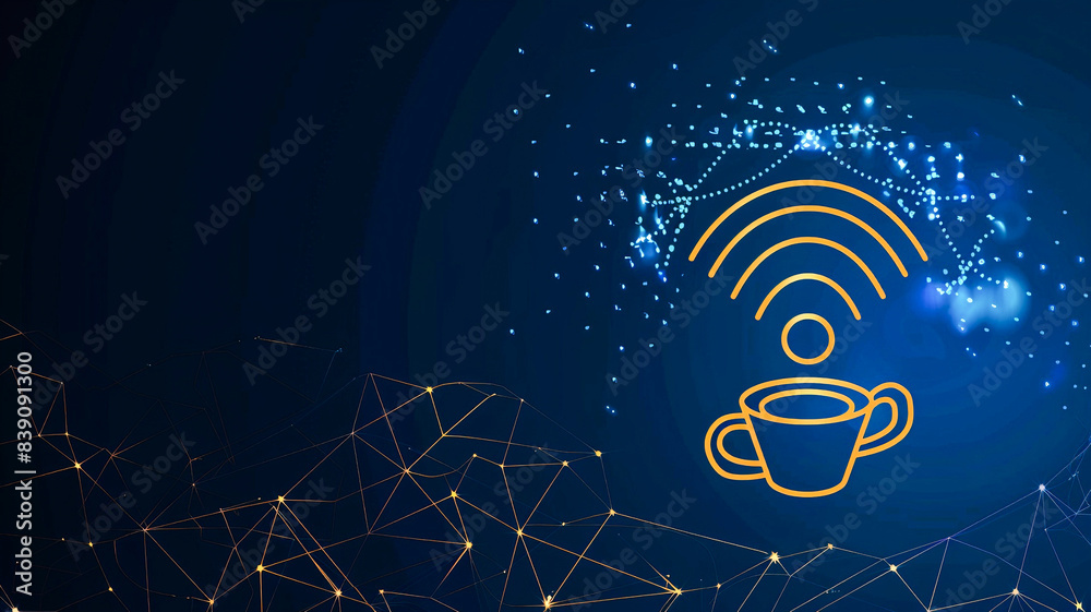 Abstract blue background with a coffee cup and smoke, digital signal ...