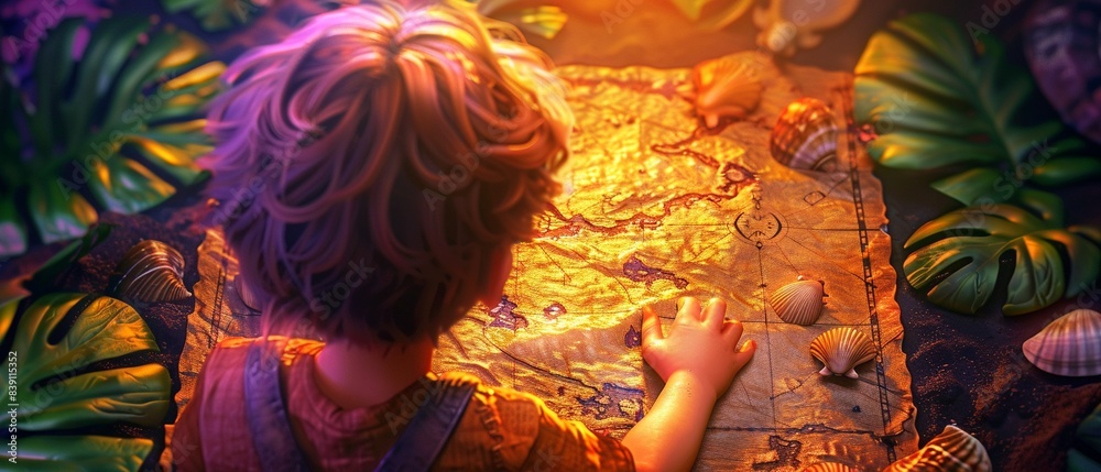 Little adventurer studying a vibrant treasure map, tropical background ...