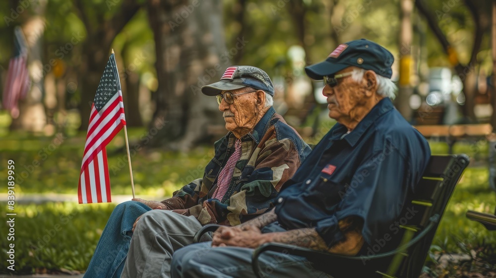 american war veterans sharing stories in park with usa flags honoring memorial day patriotic ...