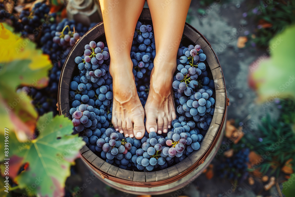 Female legs crushing grapevines for traditional wine production Stock ...