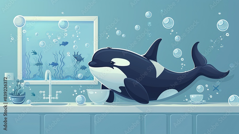 An orca whale doing the dishes in an underwater-themed kitchen, with ...