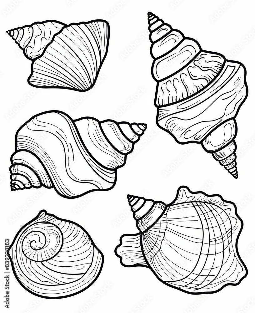 Coloring book page with set of sea shells in different shapes, simple ...