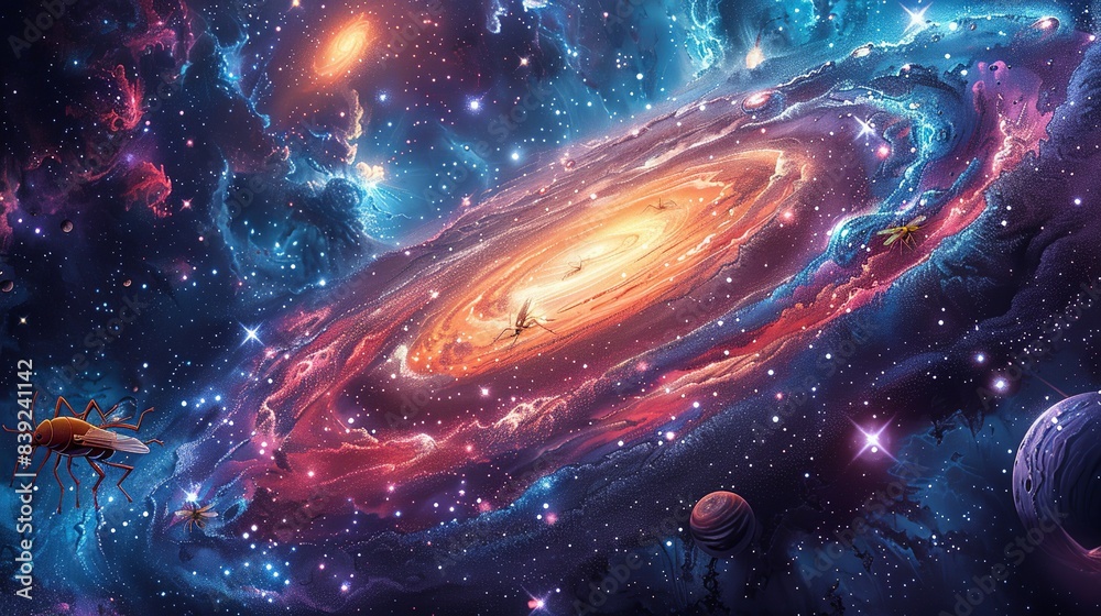 A vibrant 2D illustration of a spiral galaxy with bright stars and ...