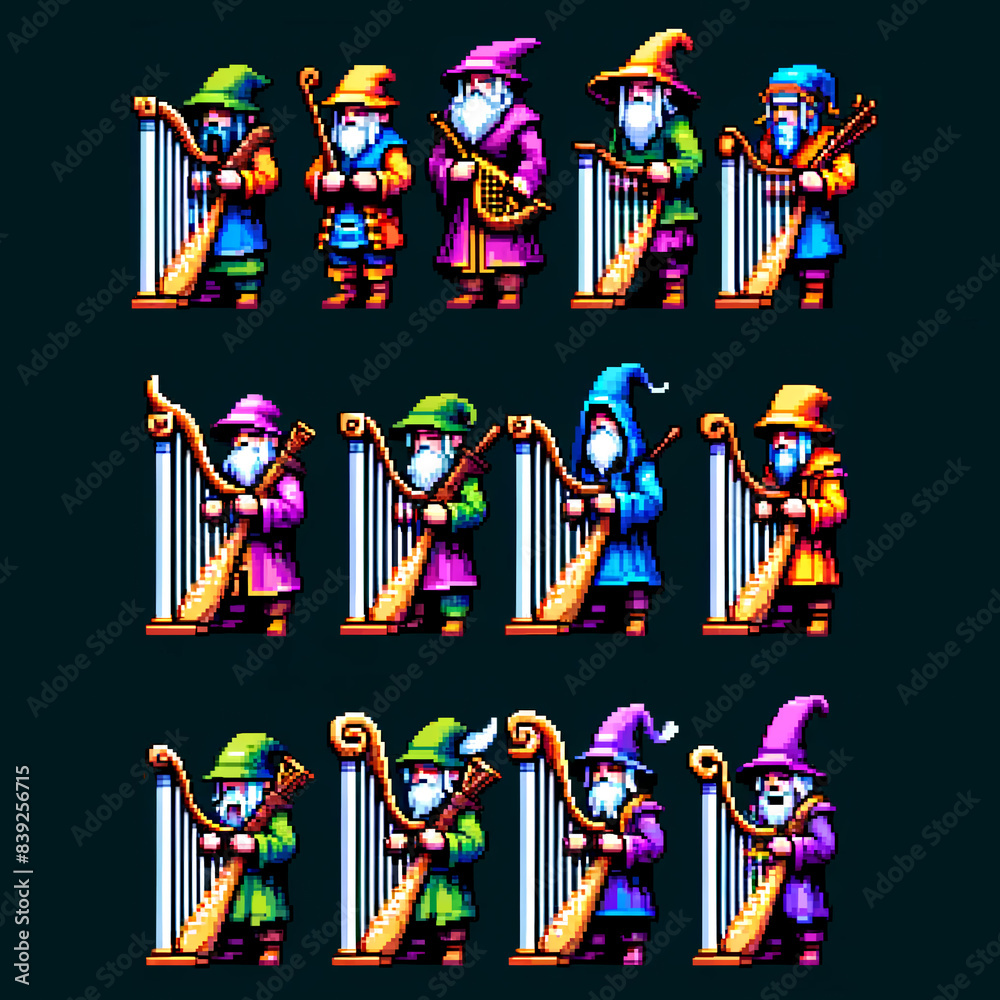 RPG-style pixel art bards holding harps icons sprite sheet Stock ...