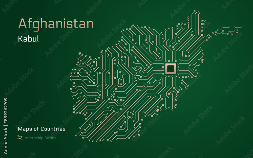 Afghanistan Map with a capital of Kabul Shown in a Microchip Pattern ...