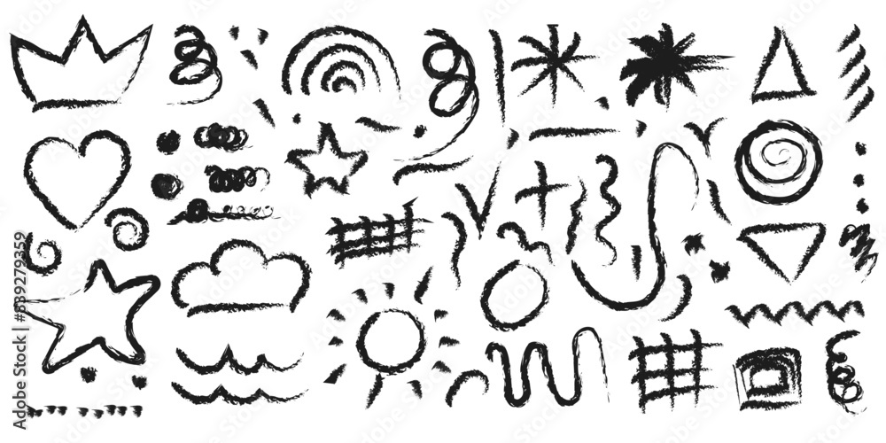 collection of abstract charcoal doodles, including various shapes ...